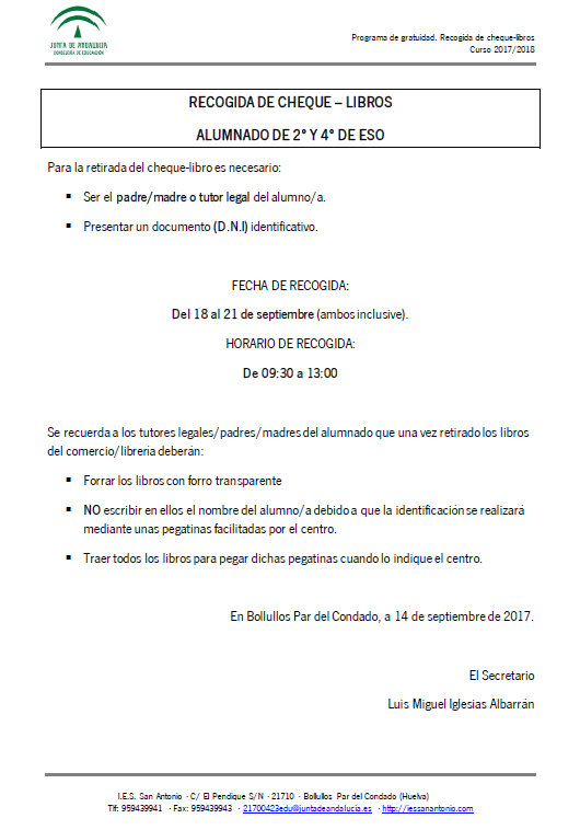 Recogida de cheque-libros (sólo 2º y 4º de ESO) para el curso 2017/2018 ...